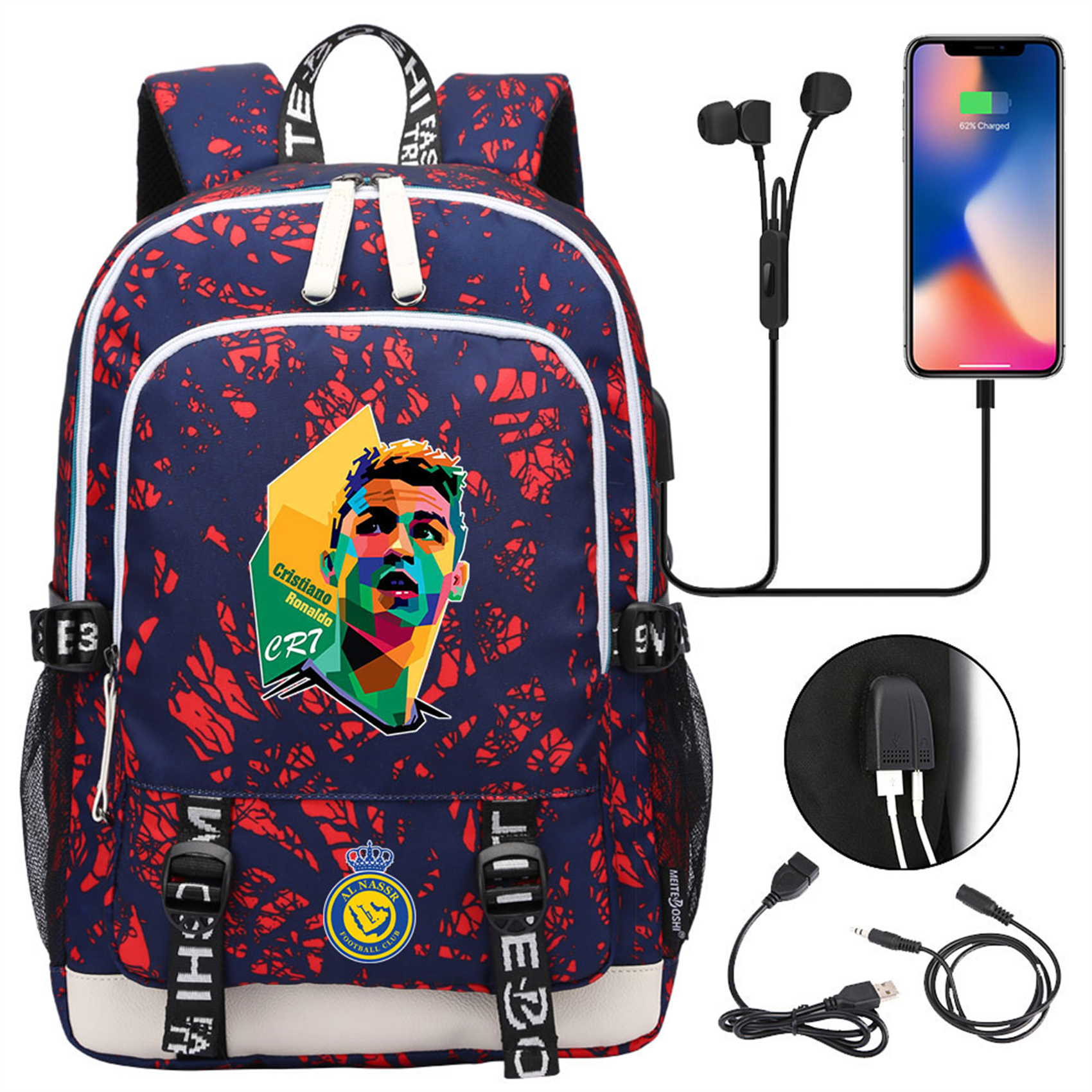 Cristiano Ronaldo Graphic Knapsack with USB Charging Port Multifunction ...