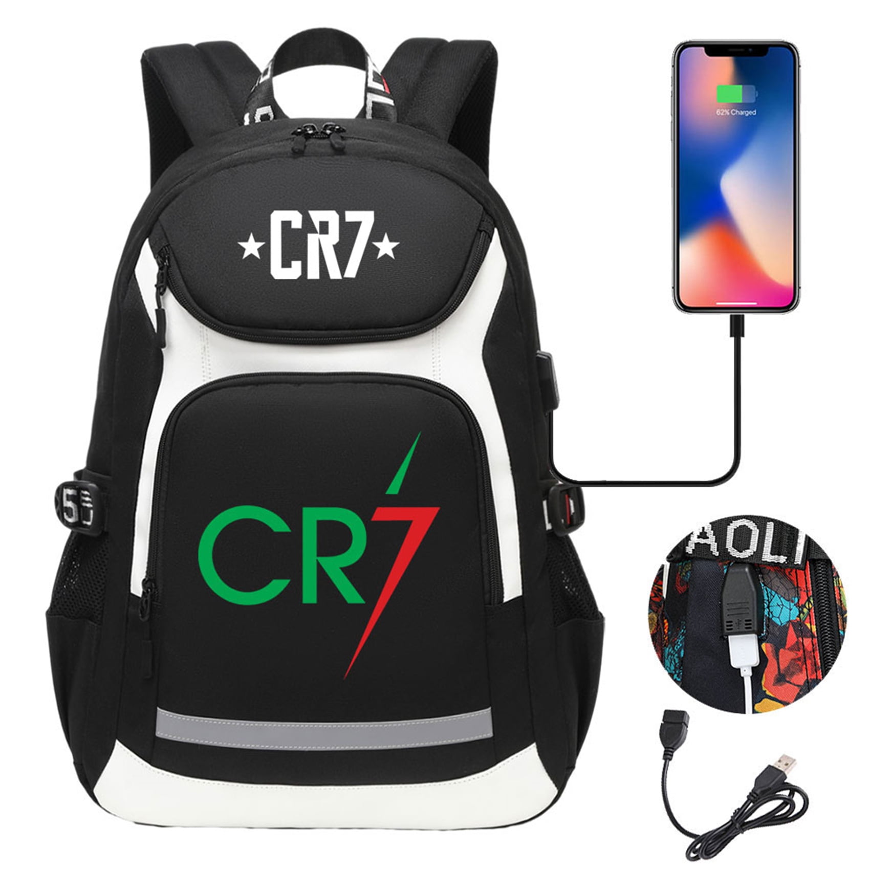 Cristiano Ronaldo School Backpack with USB Charge Port CR7 Waterproof ...