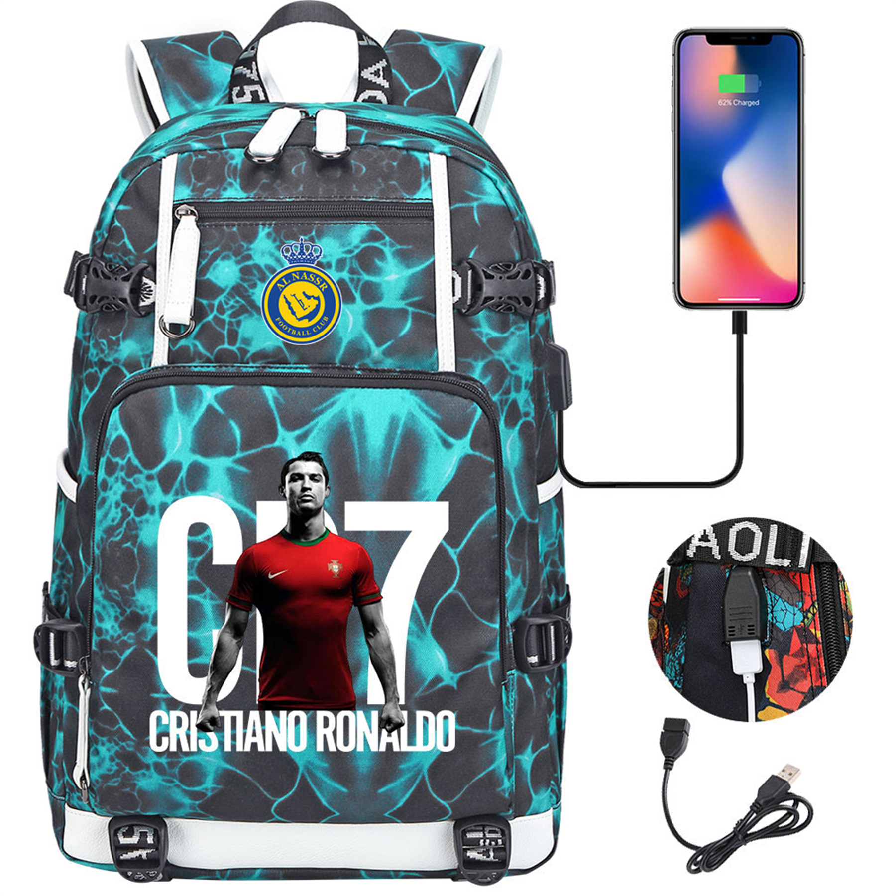 Cristiano Ronaldo School Backpack with USB Charge Port-Student ...