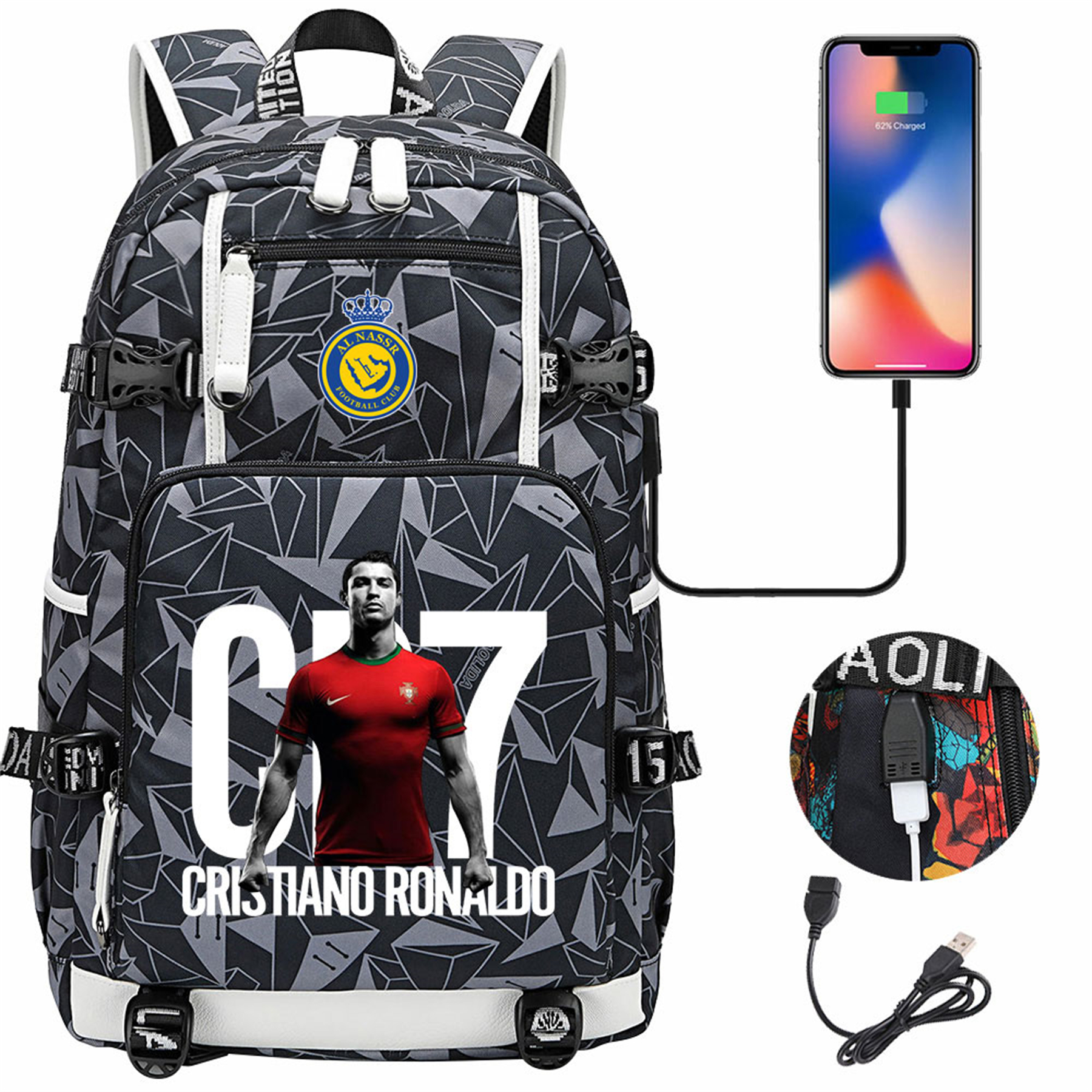 Cristiano Ronaldo School Backpack with USB Charge Port-Student ...