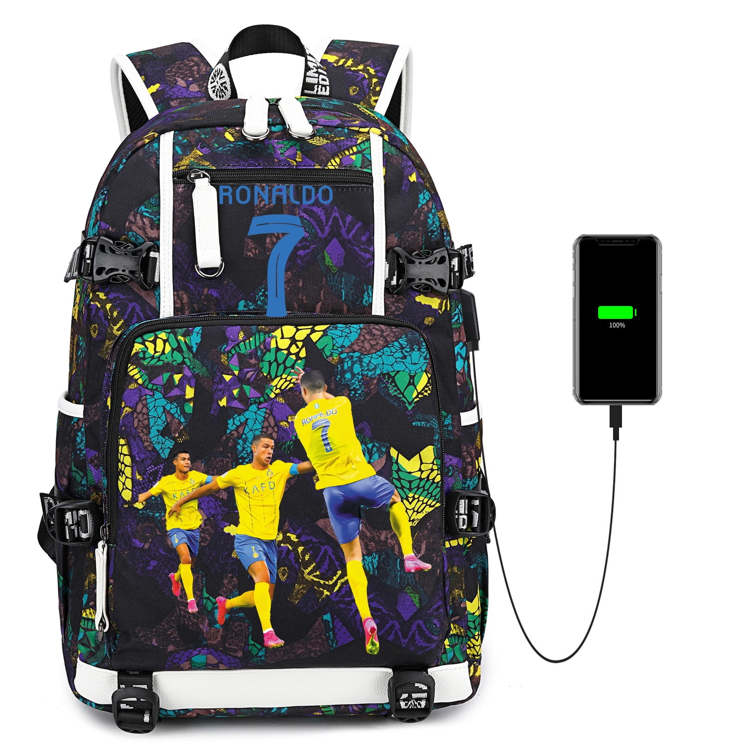 Cristiano Ronaldo Themed USB Charging Backpack Waterproof Laptop Fit ...