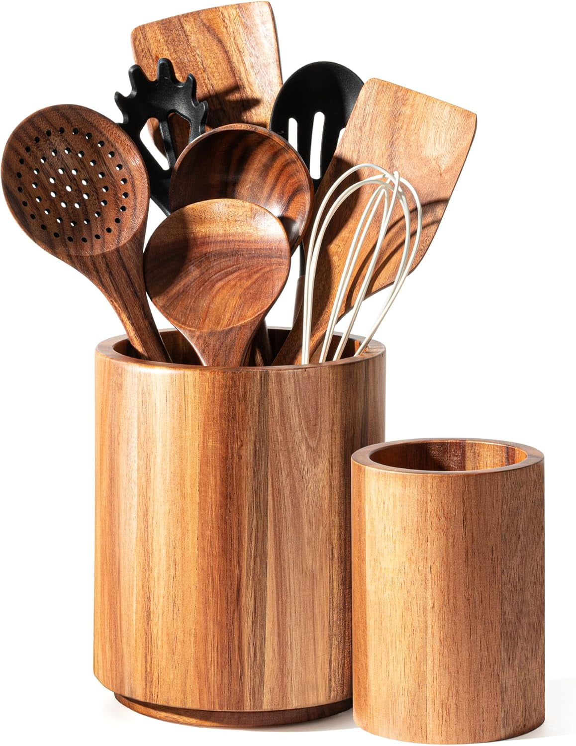 Criusia Utensil Holder 2 Pack 360° Rotating Acacia Wood Cooking Utensil ...