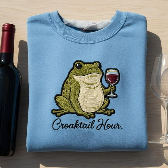 Croaktail Hour embroidered sweatshirt, Funny Frog Pun Crewneck, Wine ...
