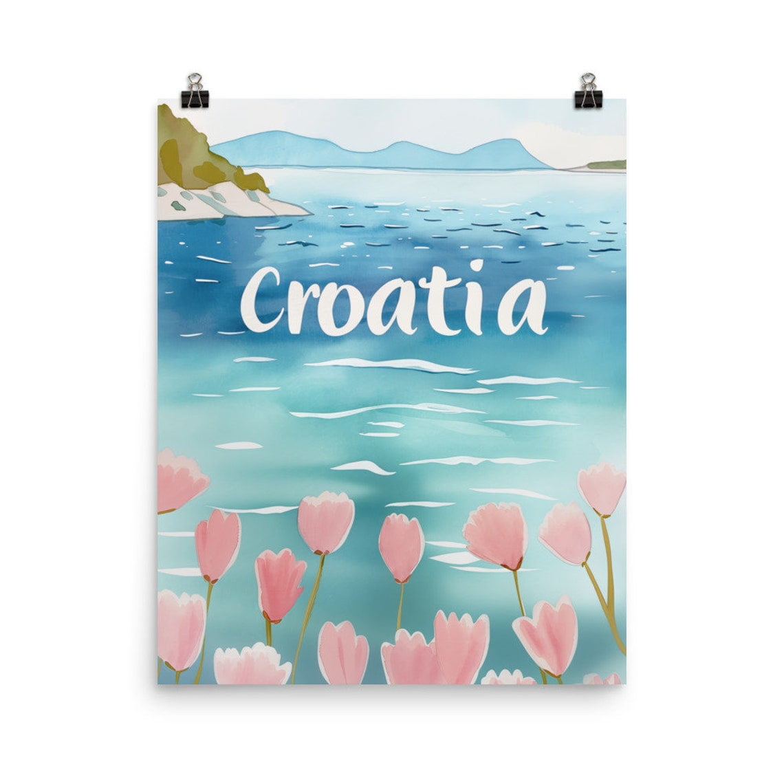 Croatia Print, Adriatic Seaside Wall Art, Pink Flowers Artwork, Coastal ...
