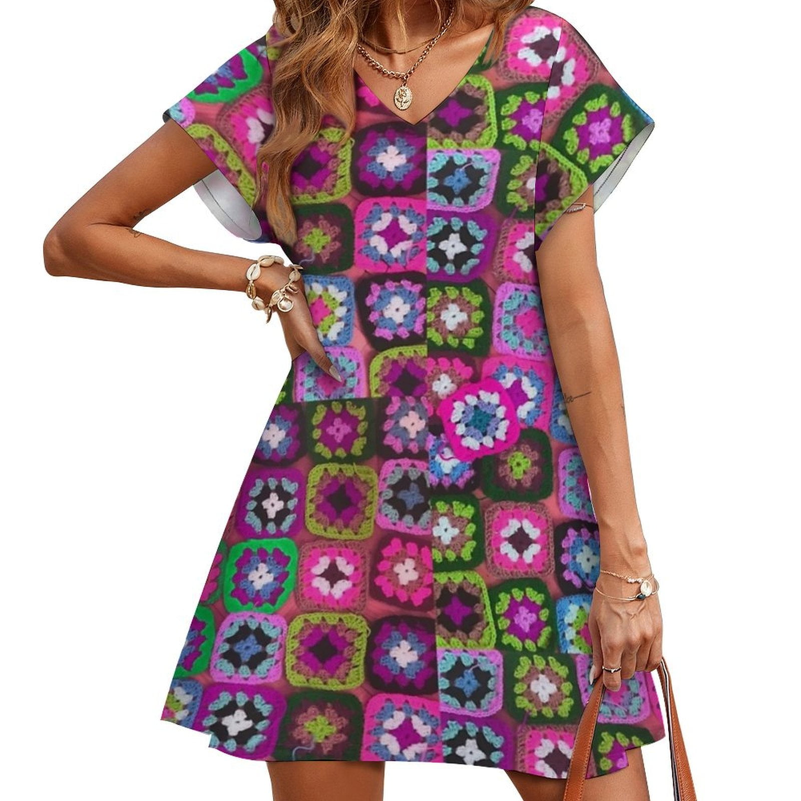 Crochet Blanket Granny Square Vintage Ladies Summer Short Sleeve ...