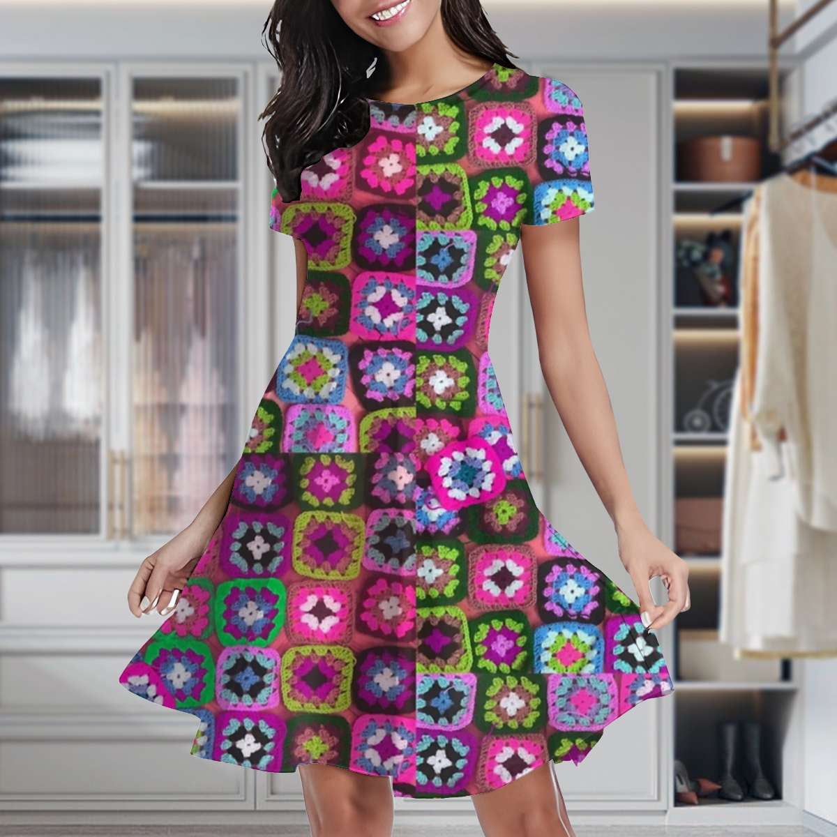 Crochet Blanket Granny Square Vintage Women's Classic Swing Skater ...