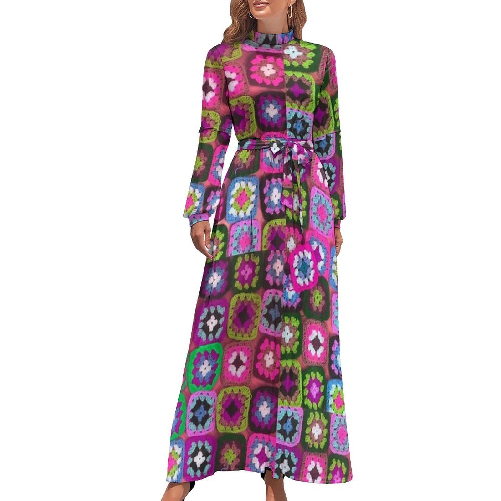Crochet Blanket Granny Square Vintage Women's Long Dress Long Sleeves ...