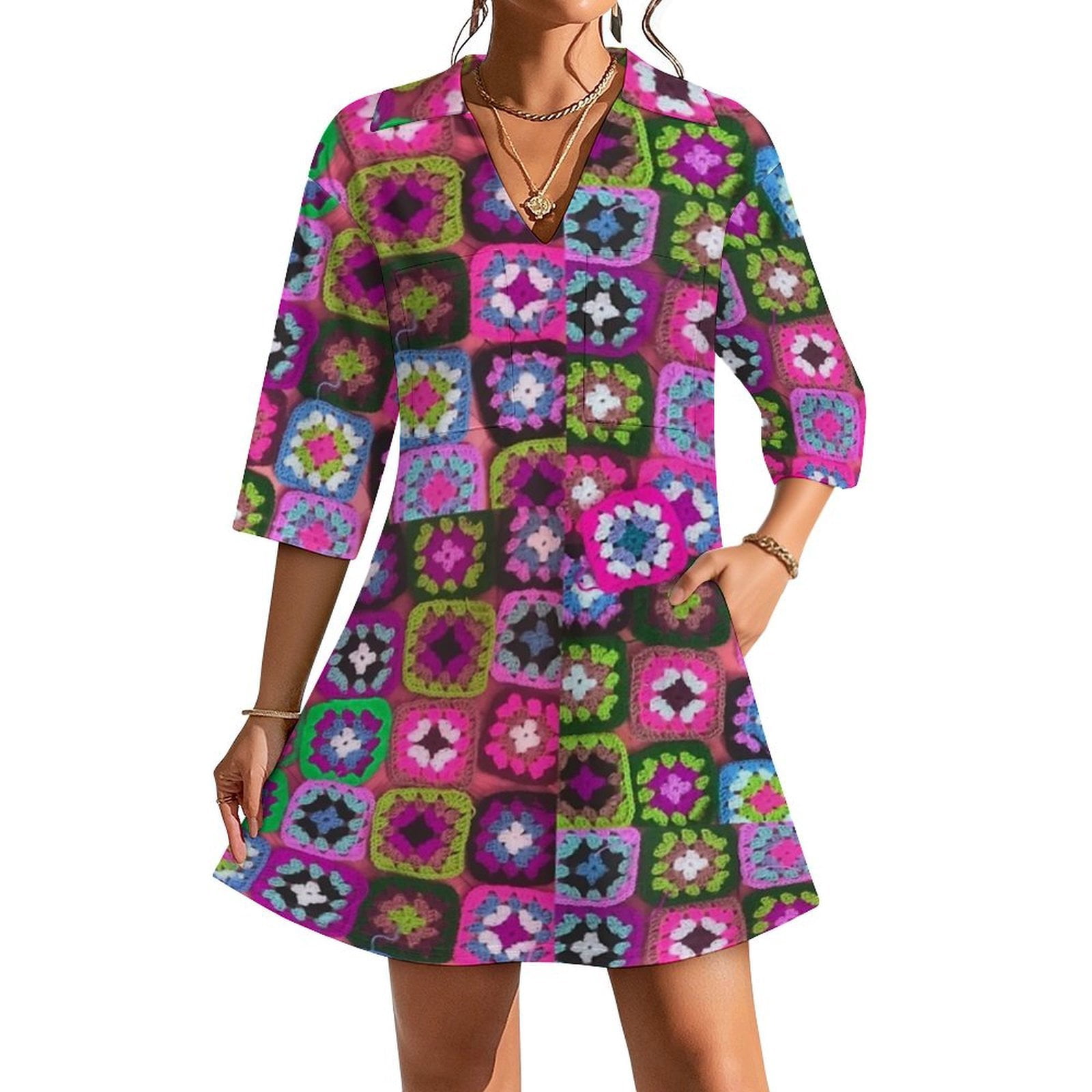 Crochet Blanket Granny Square Vintage Womens Dress With Pockets Summer ...