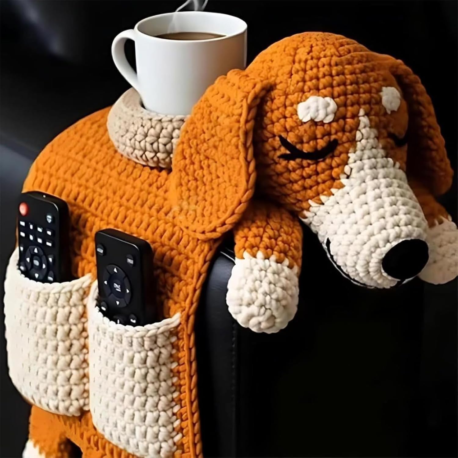 Crochet Cat Sofa Arm Organizer, Crochet Dog Sofa Organizer with Cup ...