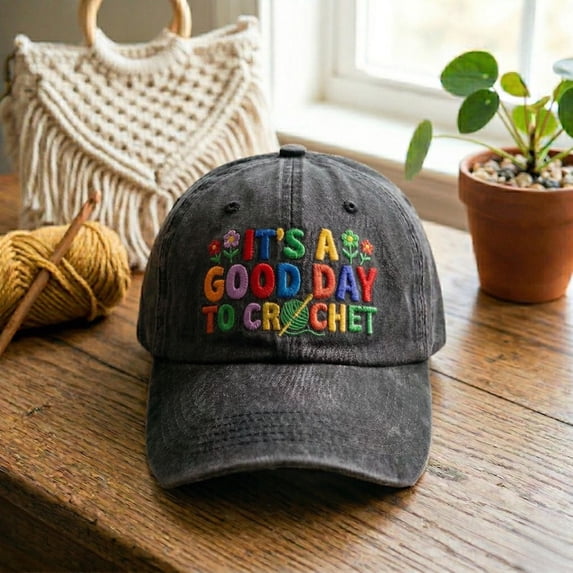 Crochet Day Quote Embroidered Washed Cotton Baseball Cap, Yarn Lover ...