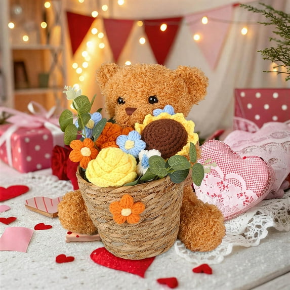 Crochet Flower Basket, Handmade Crochet Bouquet Flower with Bear ...