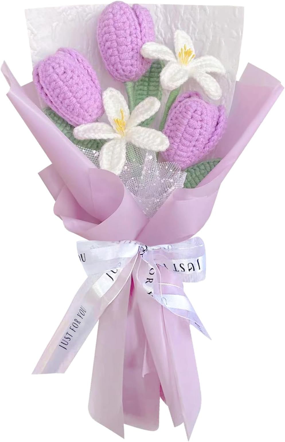 Crochet Flower Bouquet, Handmade Knitted Tulip Flower Bouquet with Packing Faux Flower ...