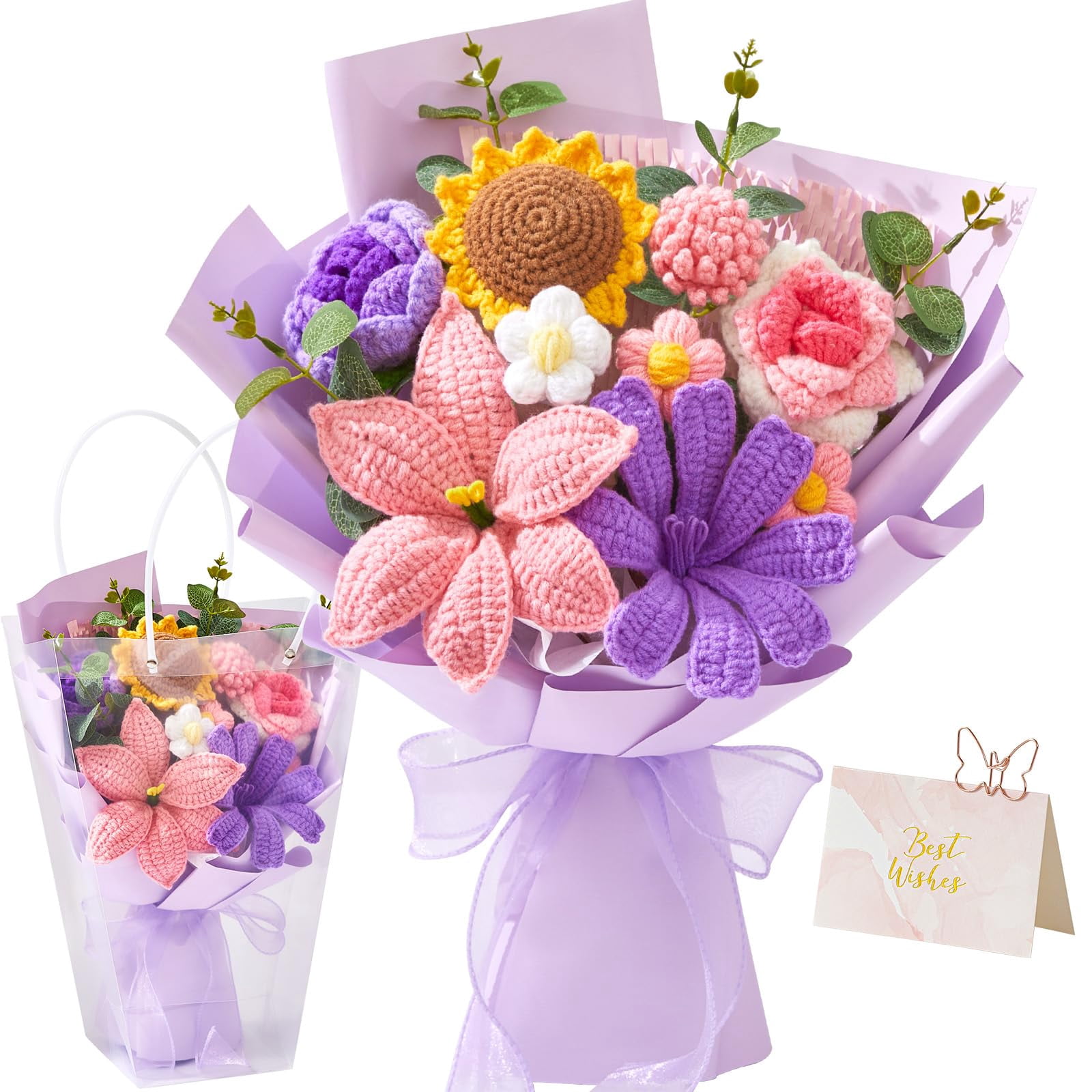 Crochet Flower Bouquet Purple&pink Handmade Lily Sunflowers Roses for ...