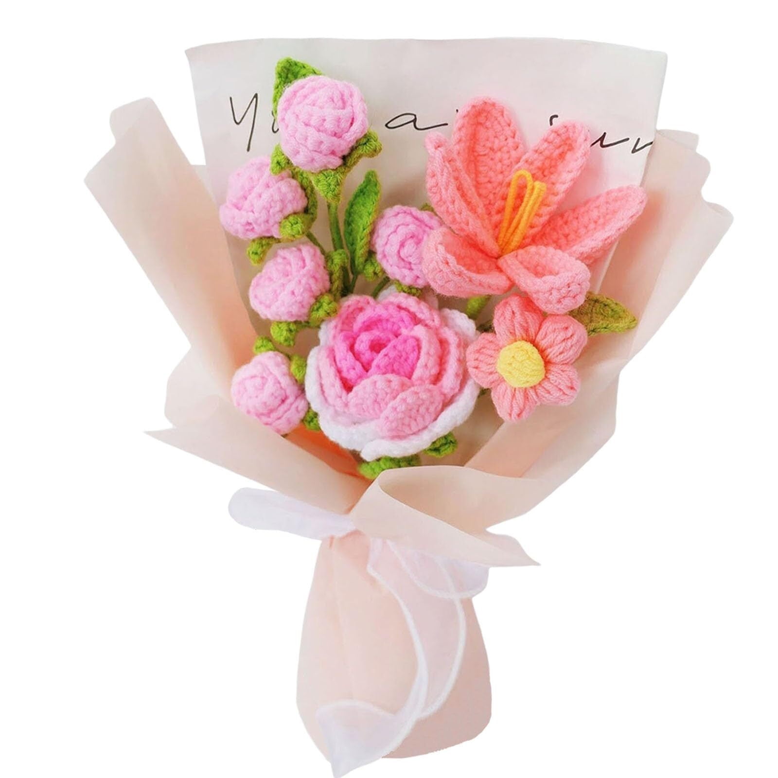 Crochet Flowers Bouquet Handmade Crochet Rose Bouquet Pink Knitted Flower Bouquet Crochet ...