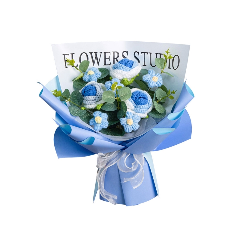 Crochet Flowers Bouquet with String Lights Gift Bag Handmade Knitted ...