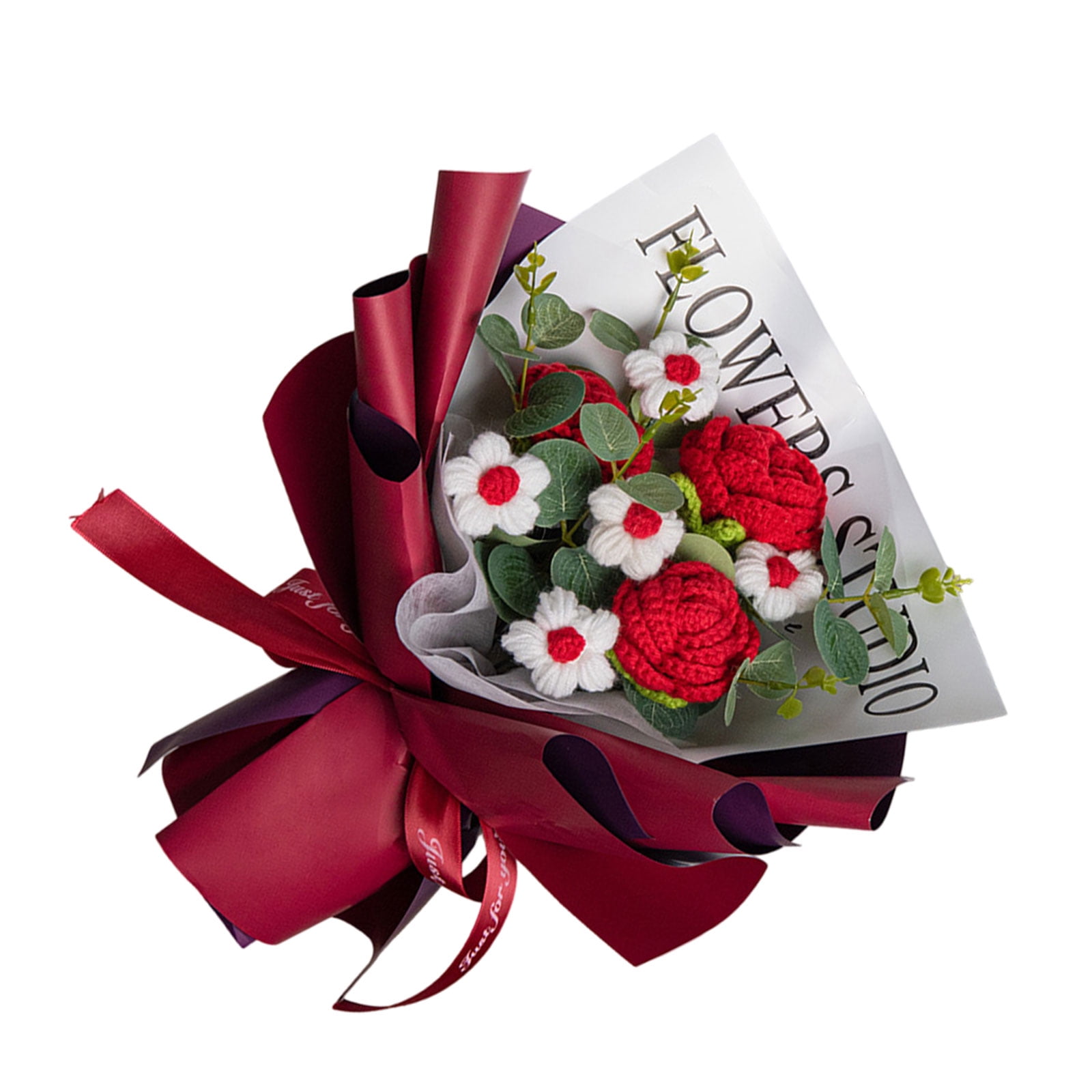 Crochet Flowers Bouquets with LED String Light and Gift Bag, Knitted ...