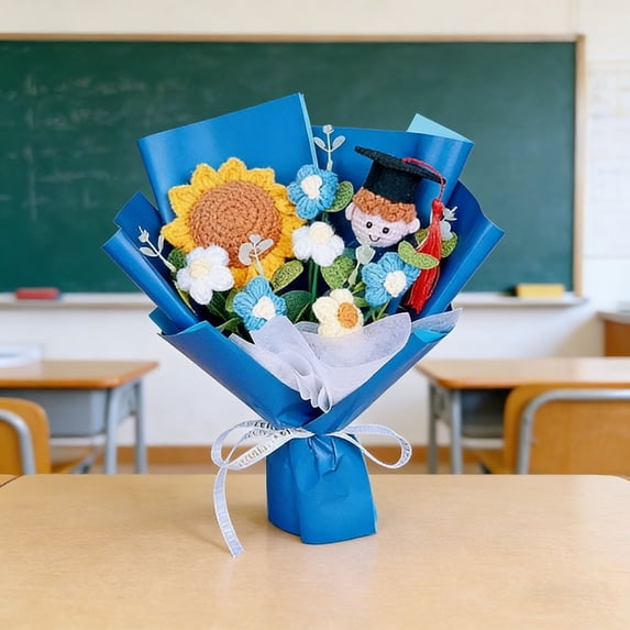 Crochet Graduation Bouquet 2026 with Sunflowers and Bear Handmade Woven ...