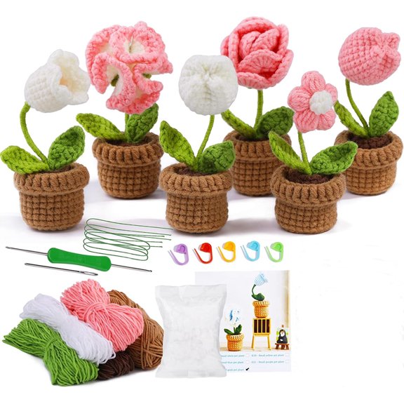 NOGIS Crochet Kit,6 pcs Potted Flowers Crochet Kit for Beginners and ...