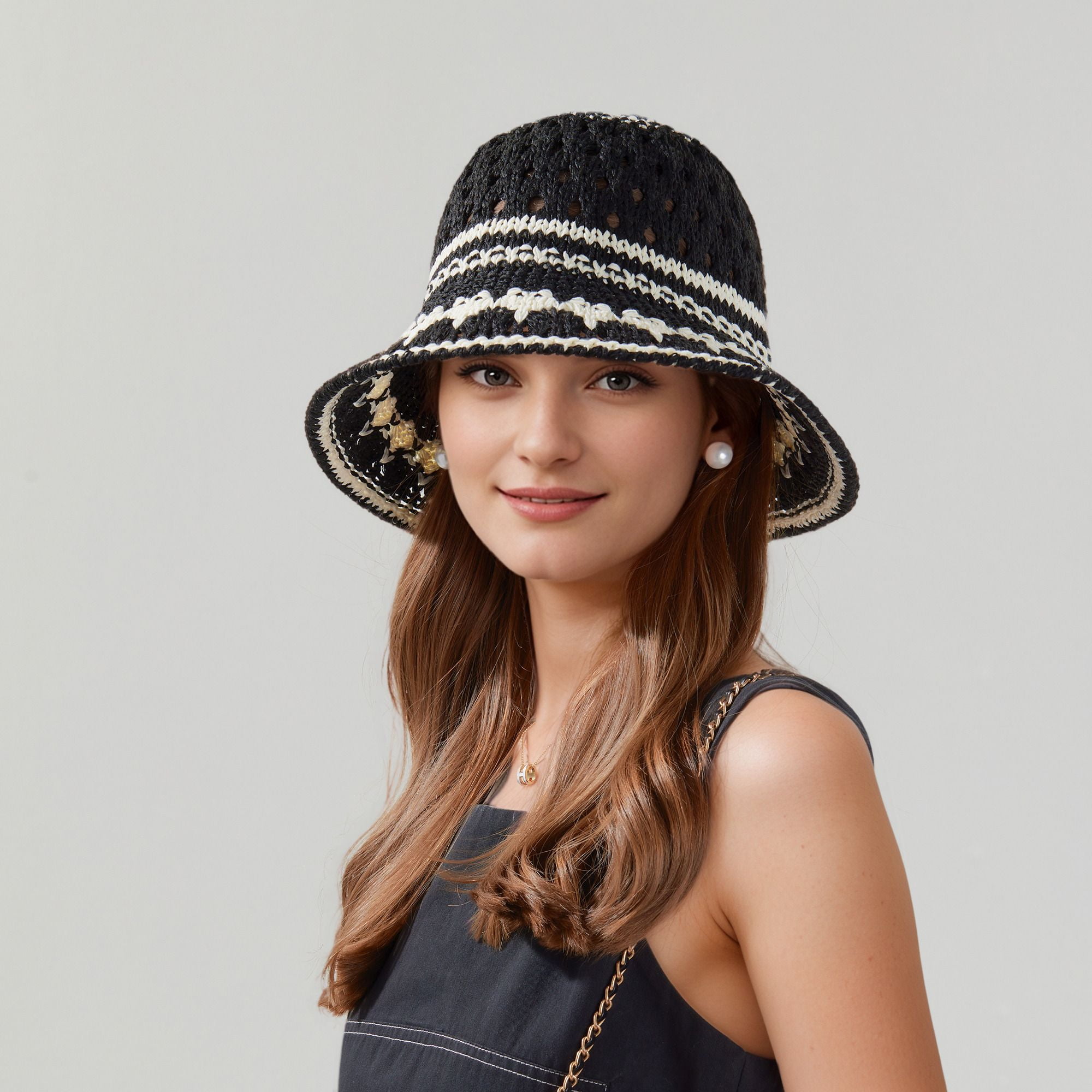 Crochet Knit Bucket Hat with Openwork Floral Pattern and Rolled Brim ...