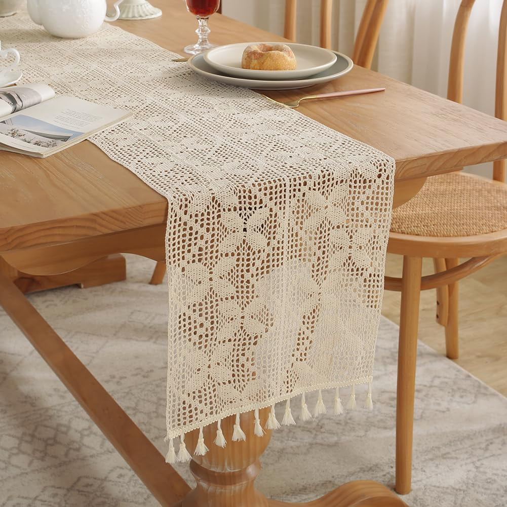 Crochet Lace Table Runner, Boho Cotton Table Runners with Tassels ...