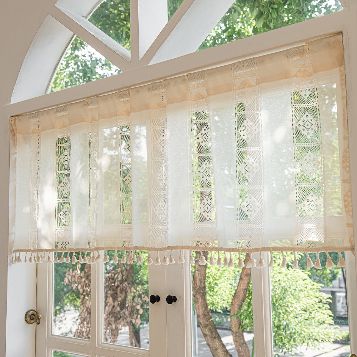 Crochet Lace Tassel Valance Curtain, Rod Pocket Light Filtering Kitchen ...