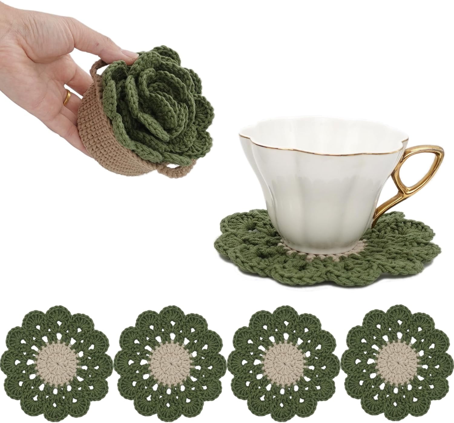 Crochet Leaf Pot Coasters-Container Beverage Coaster Sets with Holder ...