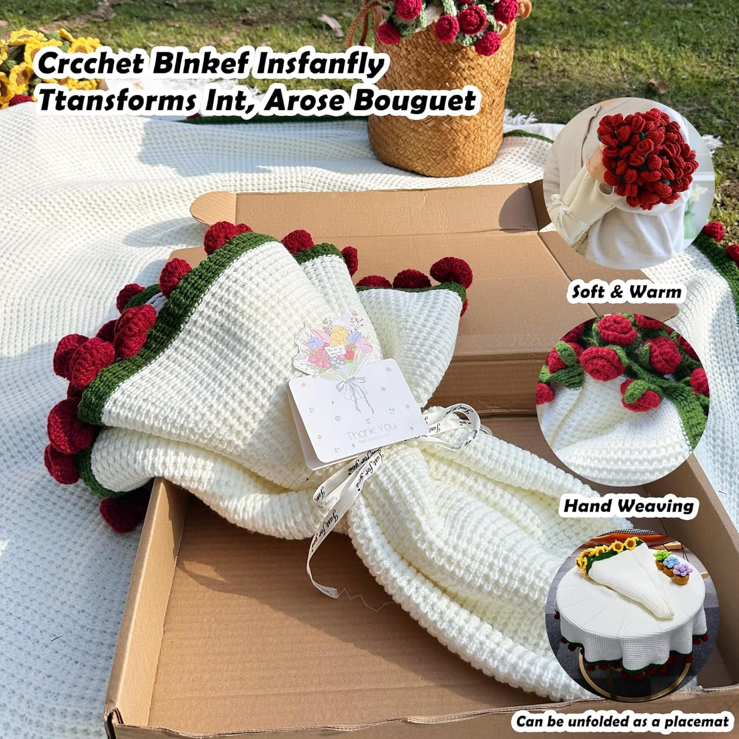 Crochet Rose Bouquet Blanket 49"x49",Handmade Rose Crochet Throw ...