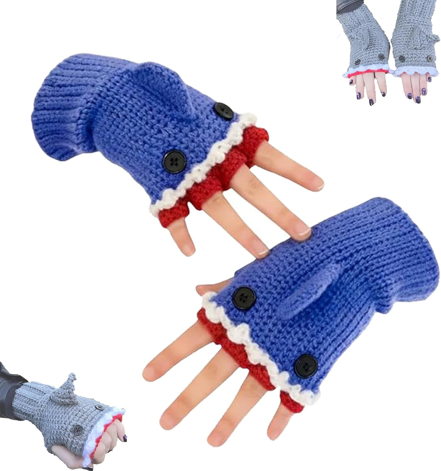 Crochet Shark Fingerless Gloves, Fun 3D Shark Design Knit Gloves for ...