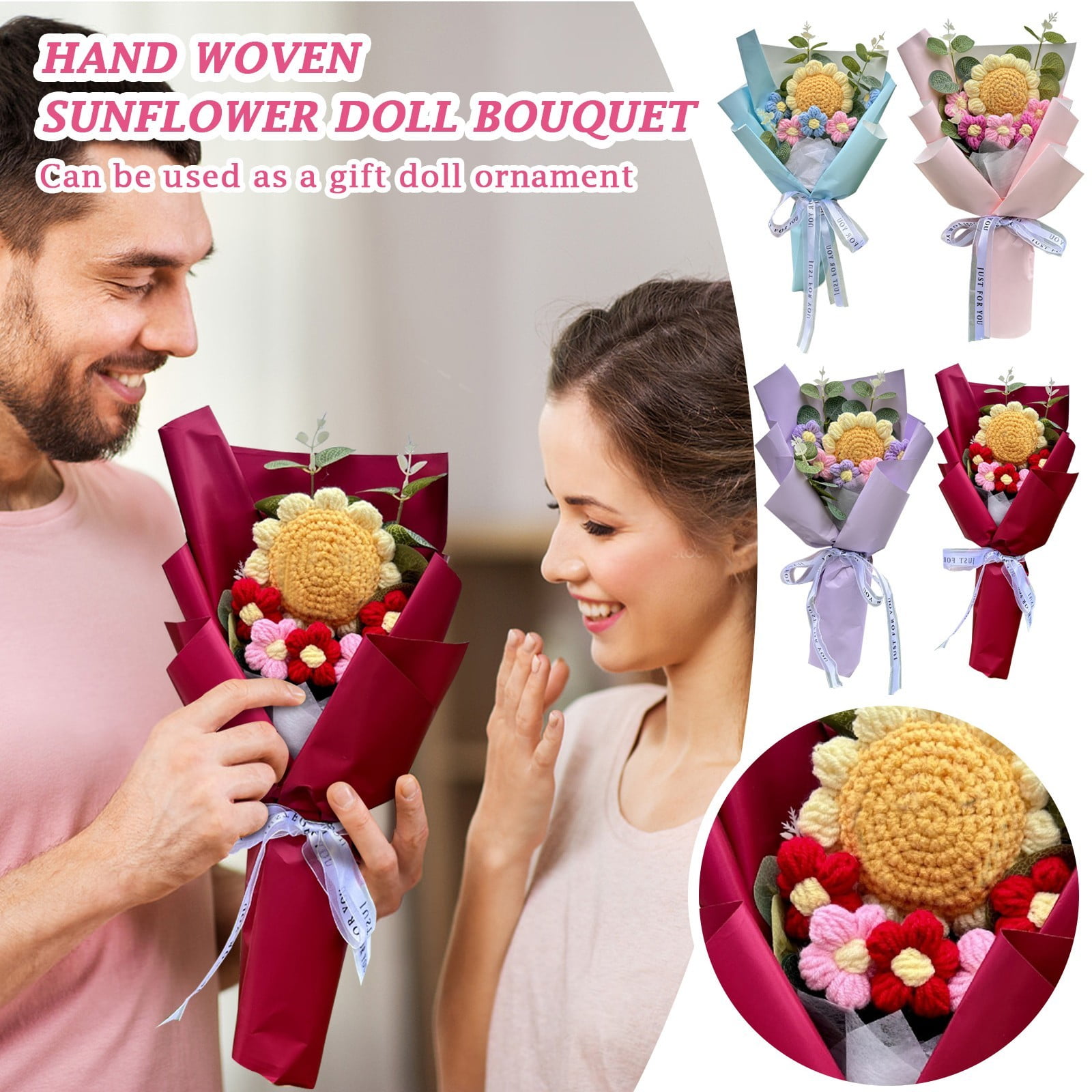 Crochet Sunflower Flower Bouquet, Handmade Yarn Plush Floral Gift for ...