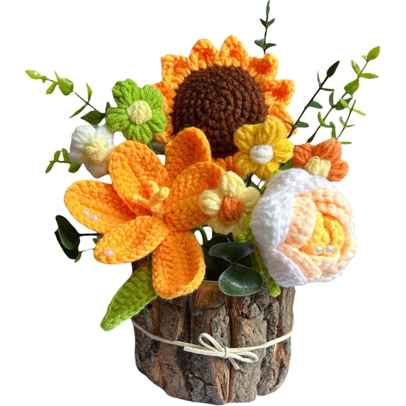 Crochet , Sunflower Rose in Wooden Basket, Crochet Flower Bouquet ...