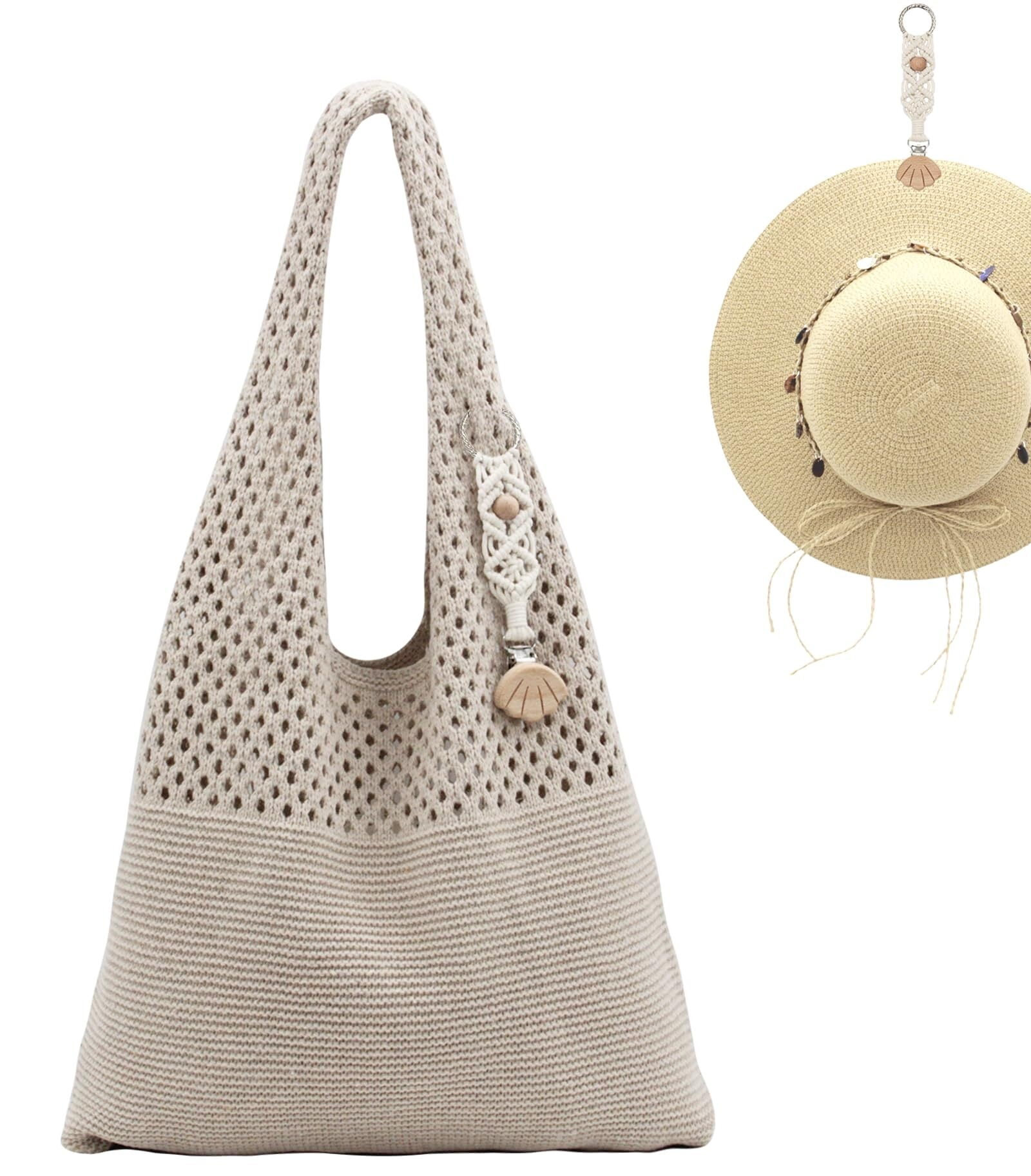 Crochet Tote Bag with Boho Hat Clips for Travel Women Summer Beach Bag ...