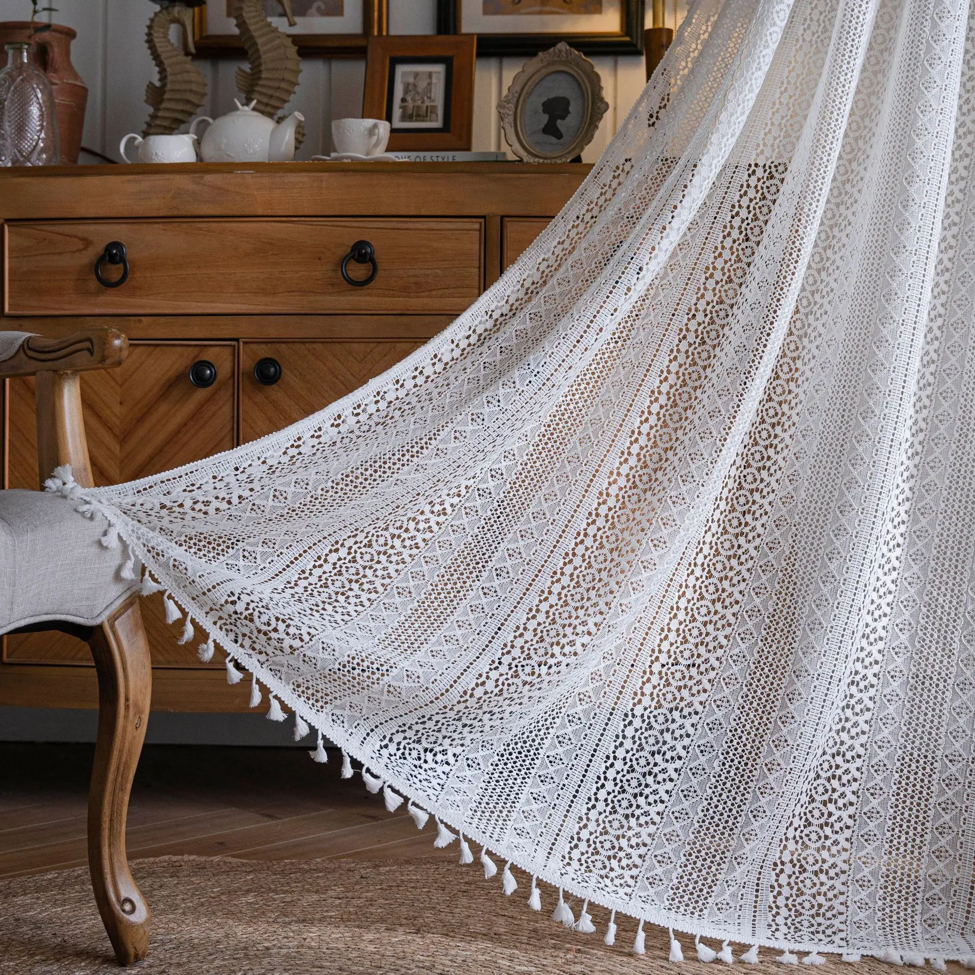 Crochet Translucent Curtain for Living Room, American Country Style ...