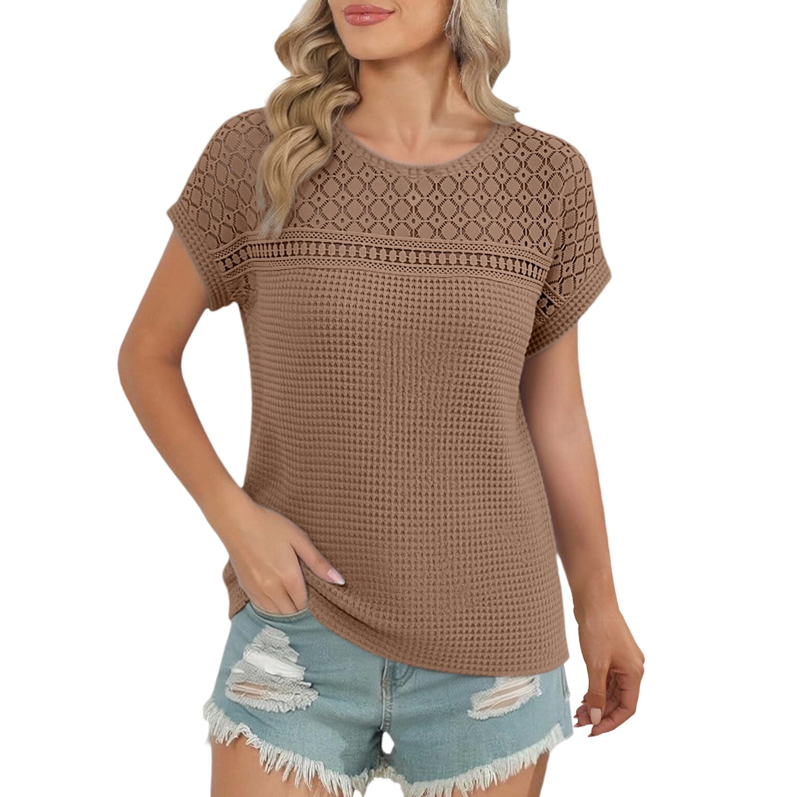 Crochet Waffle Knit T Shirt Breathable Casual Short Sleeve Waist Length ...