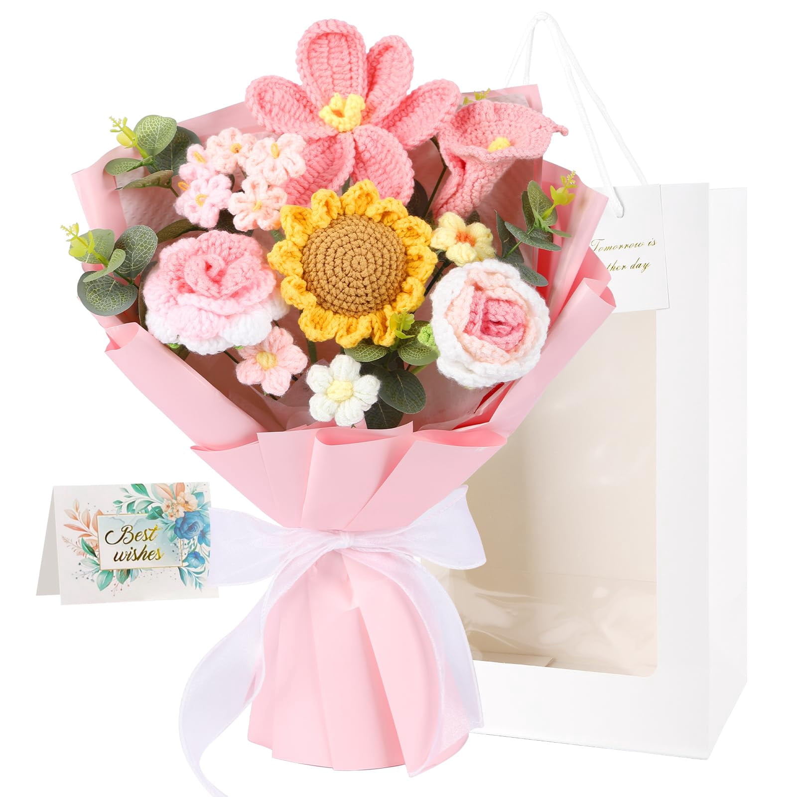 Crocheted Flower Bouquet Pink Handmade Knitted Tulips Sunflowers Roses ...