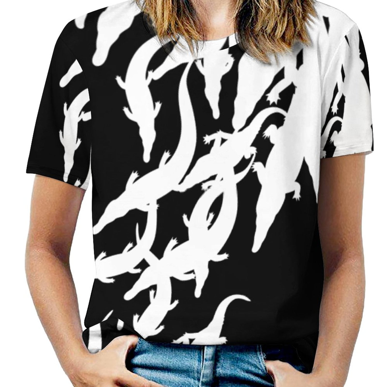 Crocodile 2219 Women Print T Shirt Casual Off Shoulder Loose Pullover ...