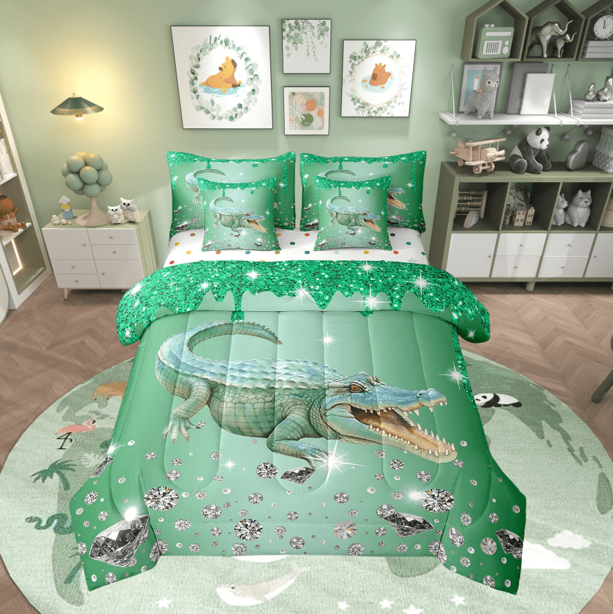 Crocodile Bed in a Bag King Size Comforter Set 7 Pieces,Green Sequin ...