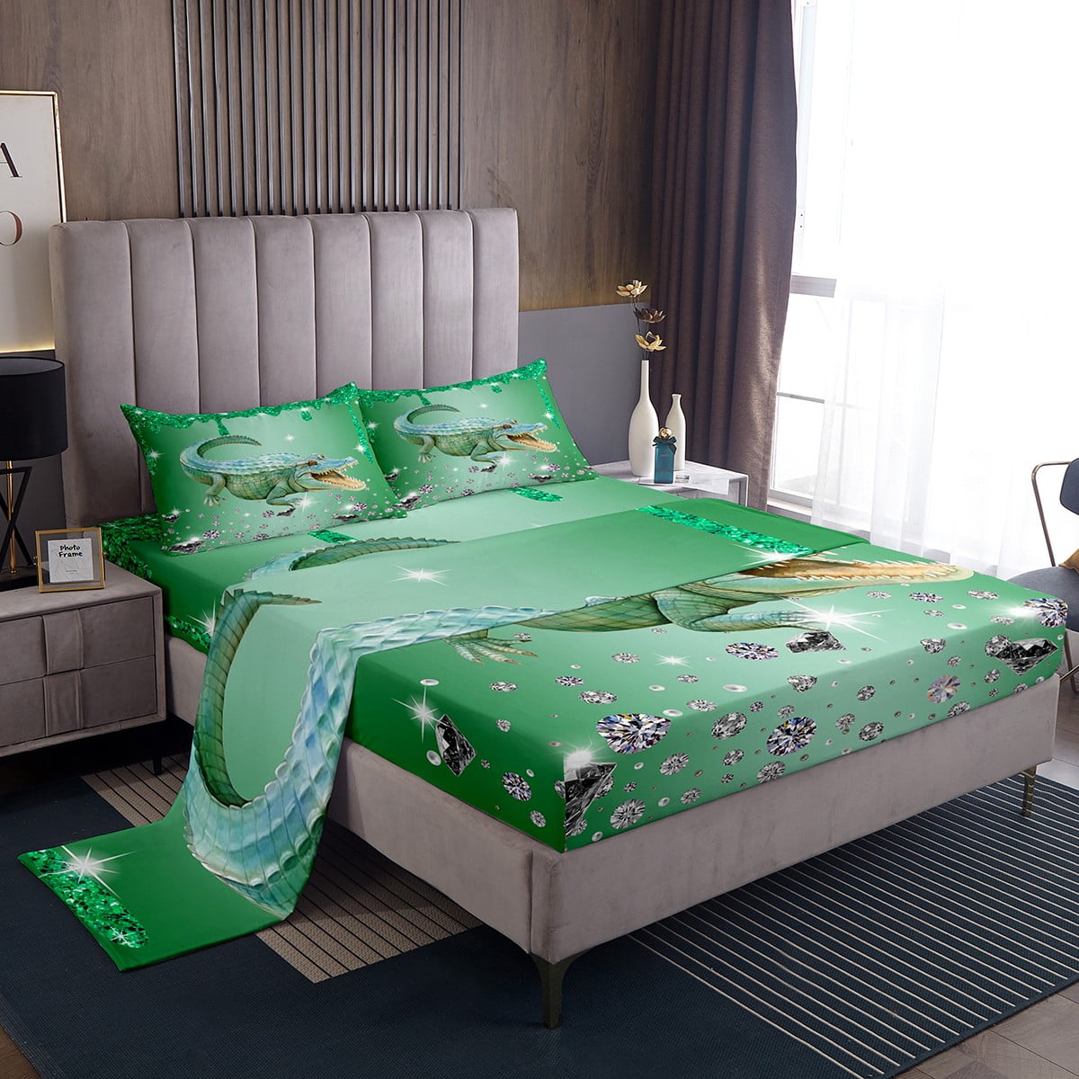 Crocodile Bed Sheets Set Green Sequin Fluid Art Sheet Set Twin,Crystal ...