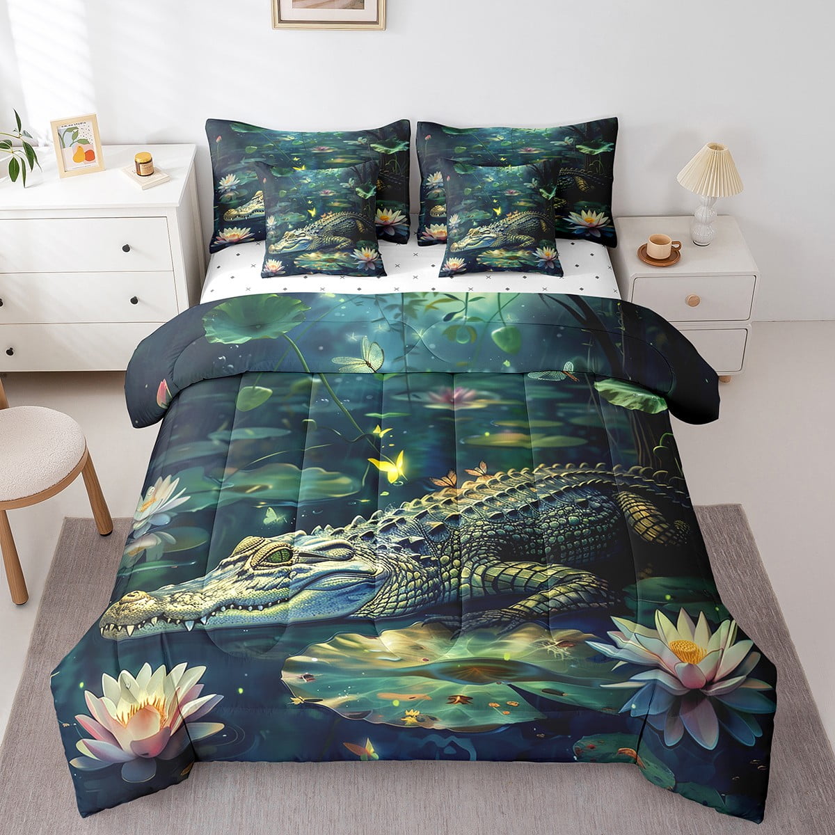 Crocodile Comforter Set 7-Piece Full,Plant Flowers Bedding Set Teens ...