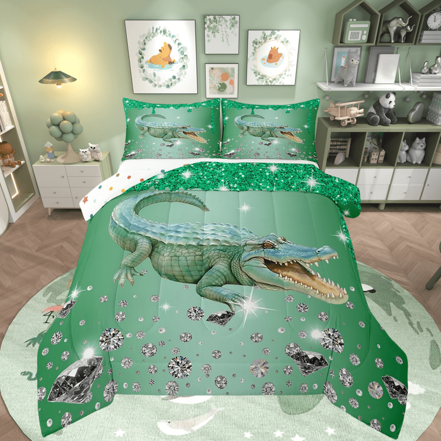 Crocodile Comforter Set Green Sequin Fluid Art Twin Bedding Sets ...