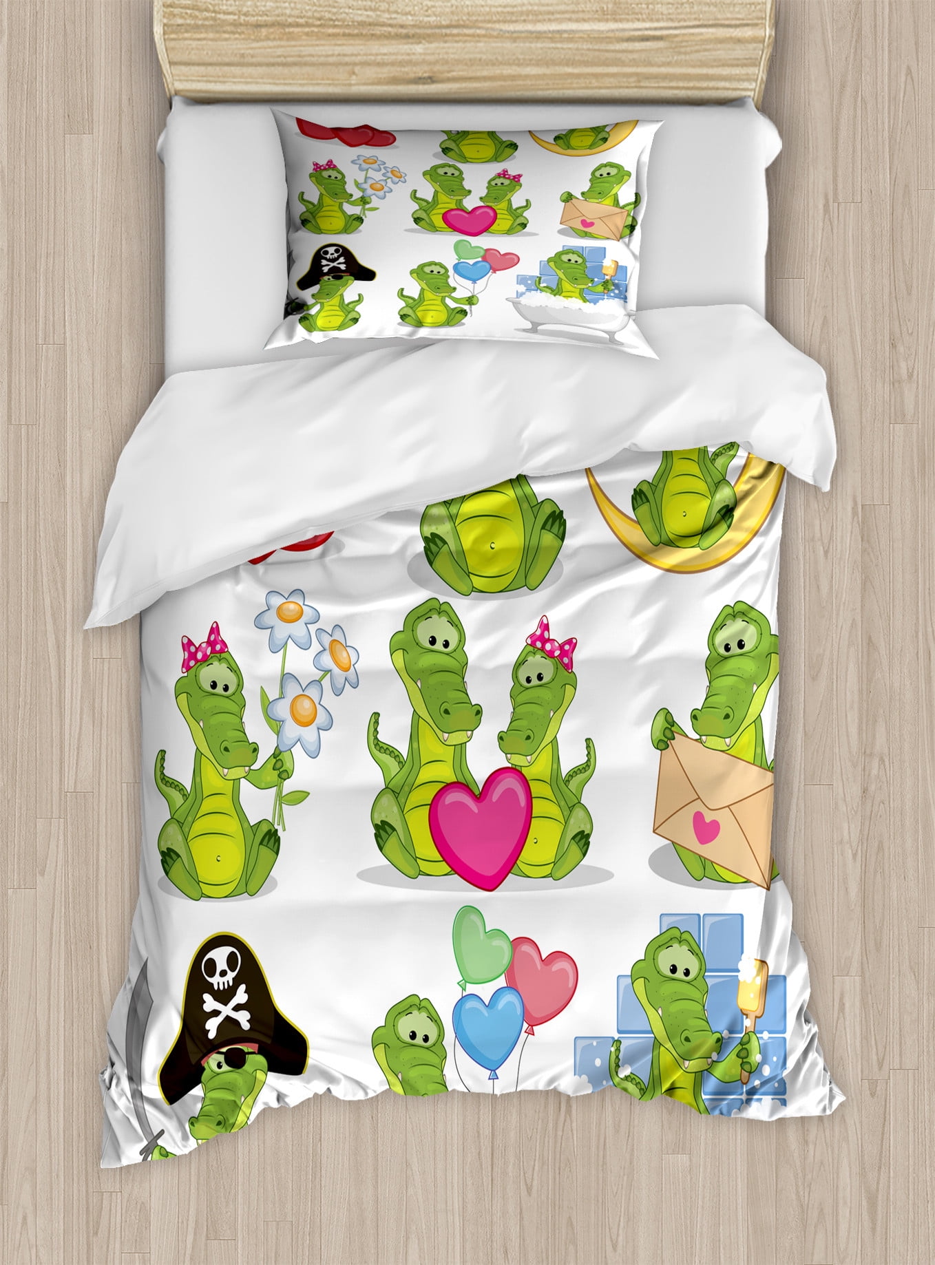 Crocodile Duvet Cover Set, Characters in Action Balloons Flowers and ...