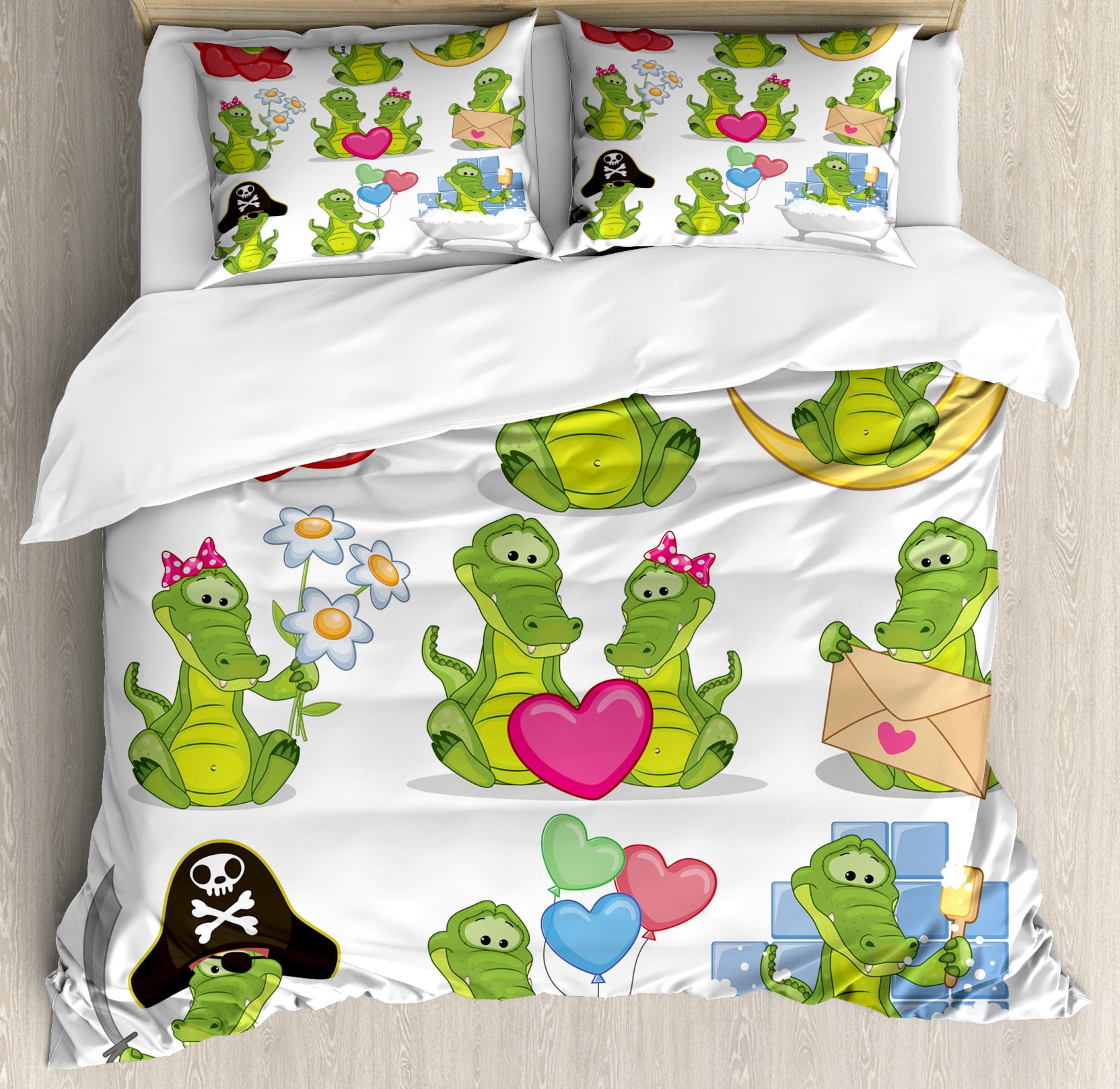 Crocodile Duvet Cover Set, Characters in Action Balloons Flowers and ...