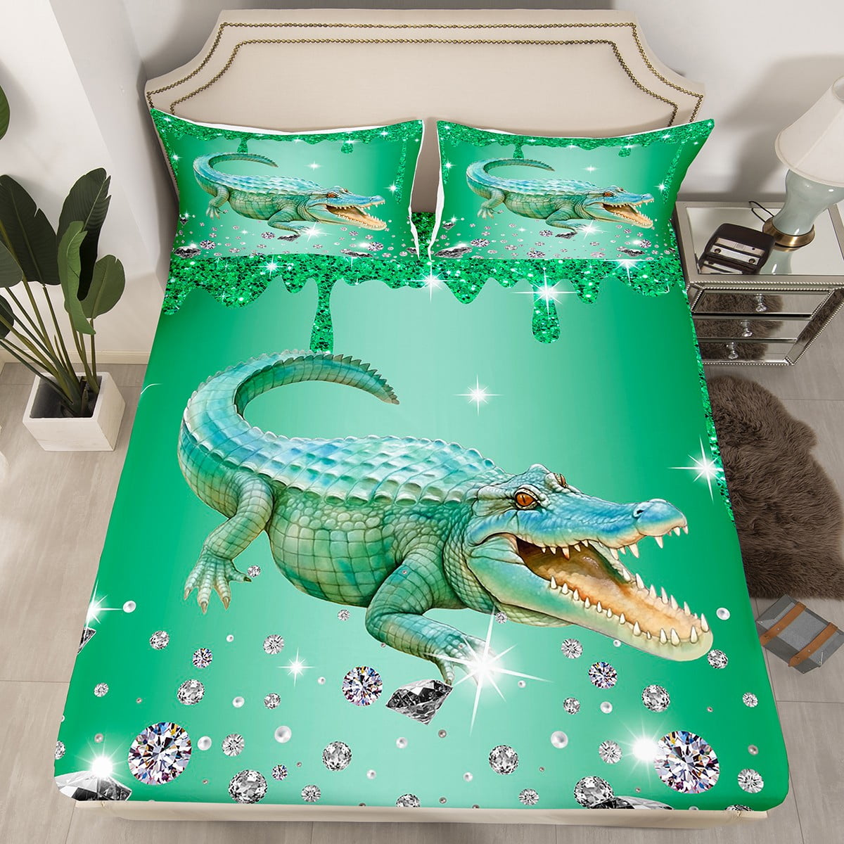 Crocodile Fitted Sheet Green Sequin Fluid Art Bed Sheets Full,Crystal ...