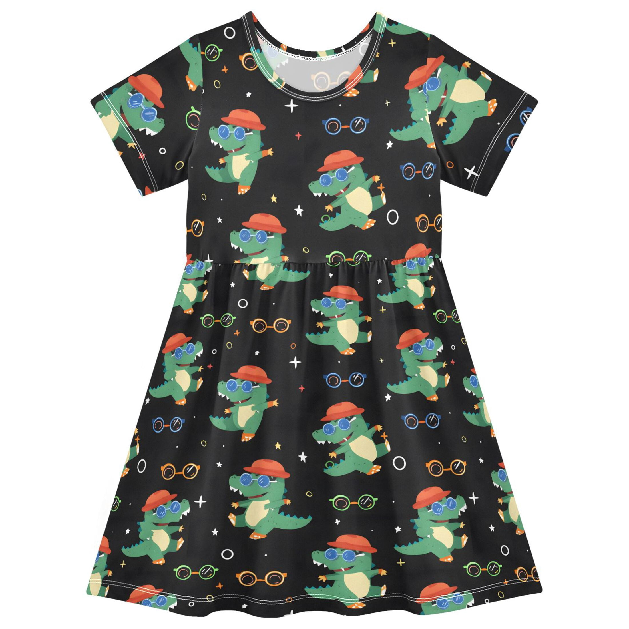 Crocodile Glasses Short Sleeve Dress A-Line Cute Midi Casual Sundress 2 ...