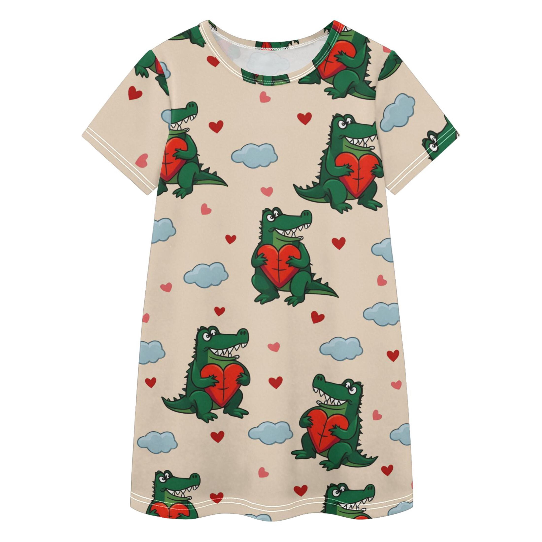 Crocodile Hugging Heart Pattern Girls' Casual Dresses Short Sleeve ...