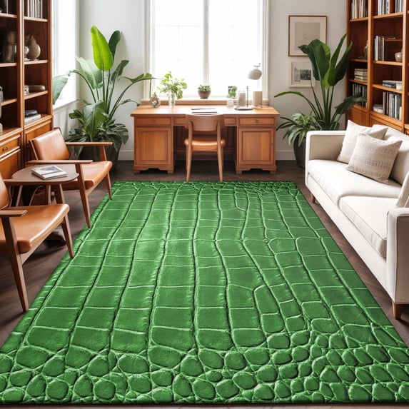 Crocodile Leather Texture Washable Area Rug 5 x 7 ft Luxury Green, Soft ...
