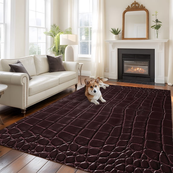 Crocodile Leather Texture Washable Area Rug 5x7 Luxury Brown Low ...