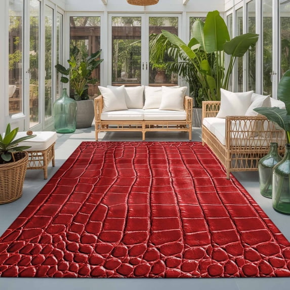 Crocodile Leather Texture Washable Living Room Rugs 9'x12', Luxury Red ...