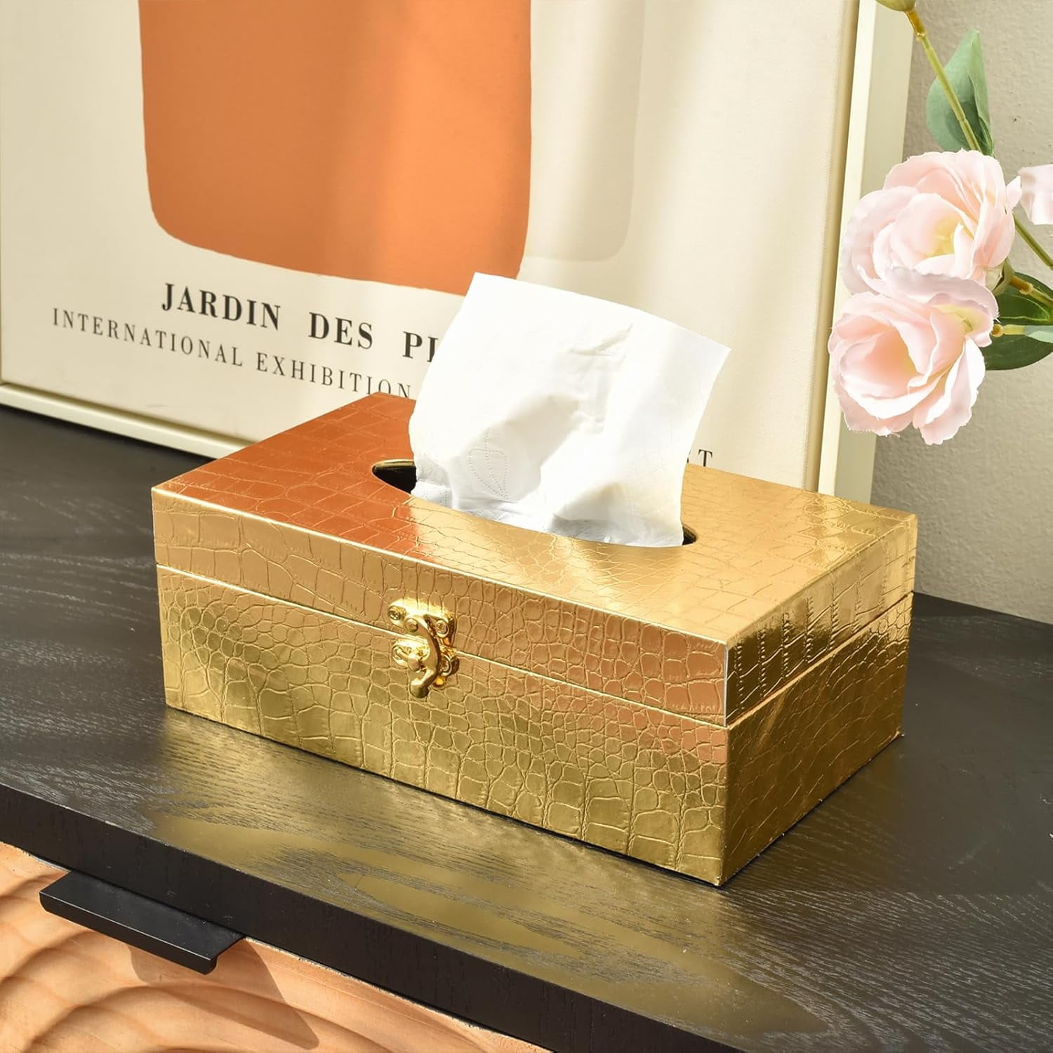 Crocodile Leather Tissue Box Cover with Clasp – Modern Elegant Gold ...