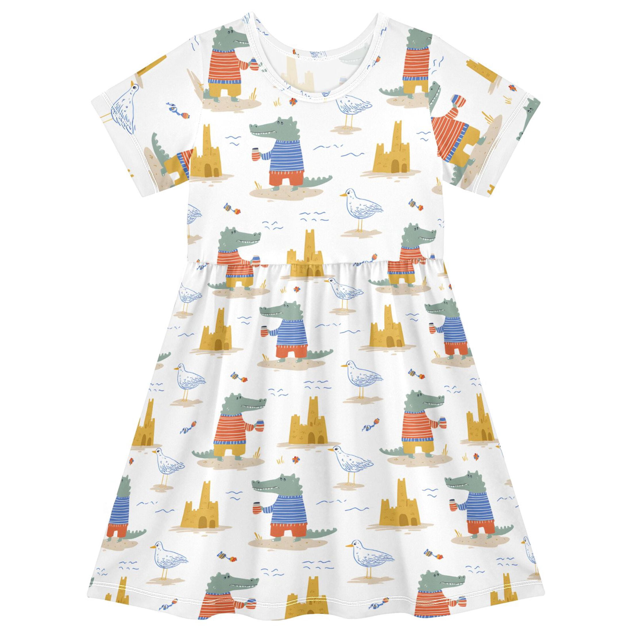 Crocodile Pigeon Short Sleeve Dress A-Line Cute Midi Casual Sundress 2 ...