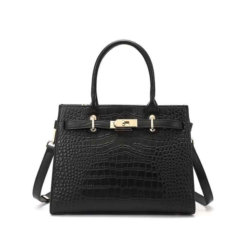 Crocodile Print Full-Grain Cowhide Purse Top-Handle Bag Genuine Leather ...